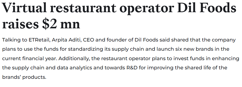 Virtual Restaurant Operator Dil Foods Raises $2 Million